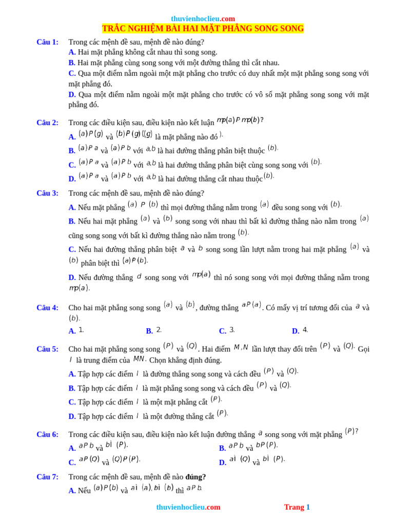30 Cau Trac Nghiem Hai Mat Phang Song Song Hay | PDF