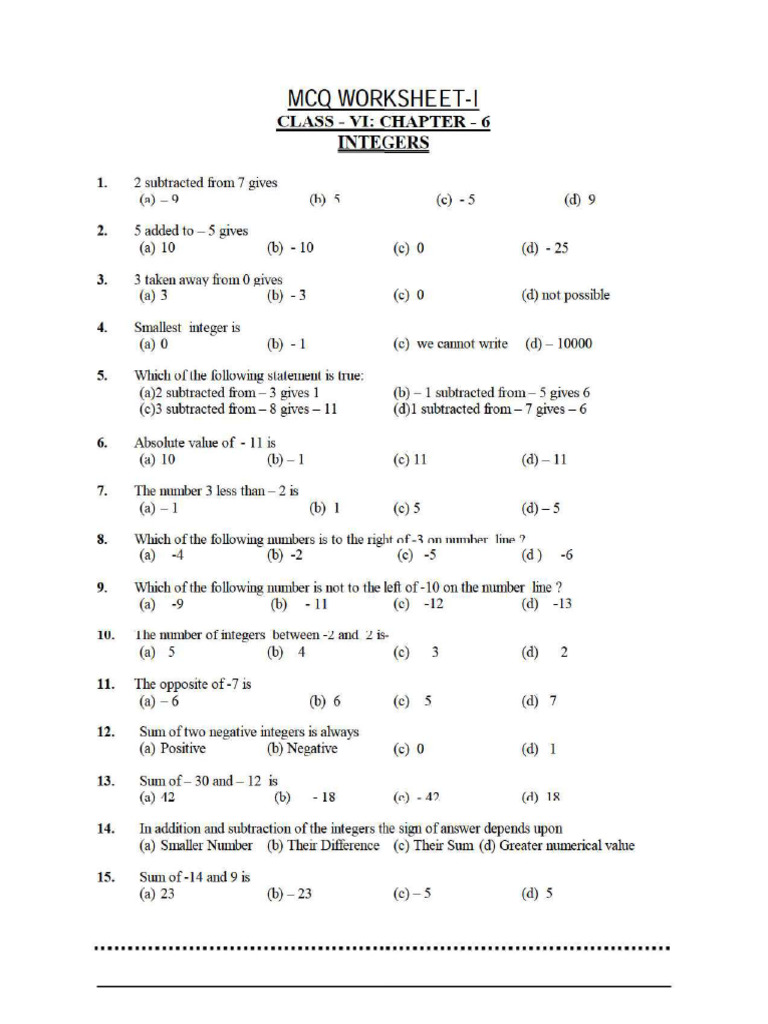 Integers Class 6 | PDF