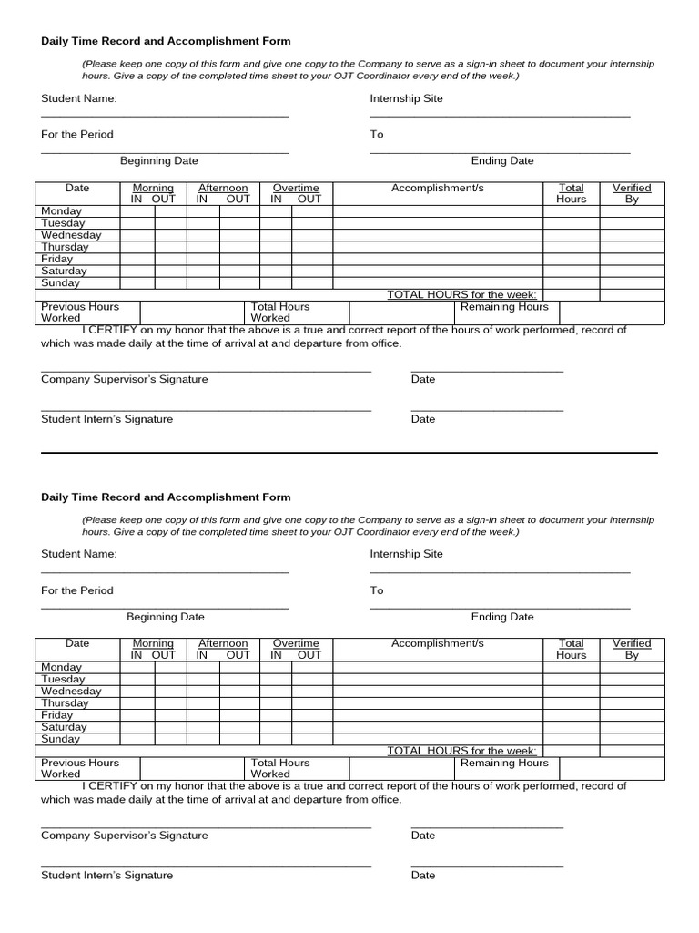 CE OJT Daily Time Record and Accomplishment Form | PDF