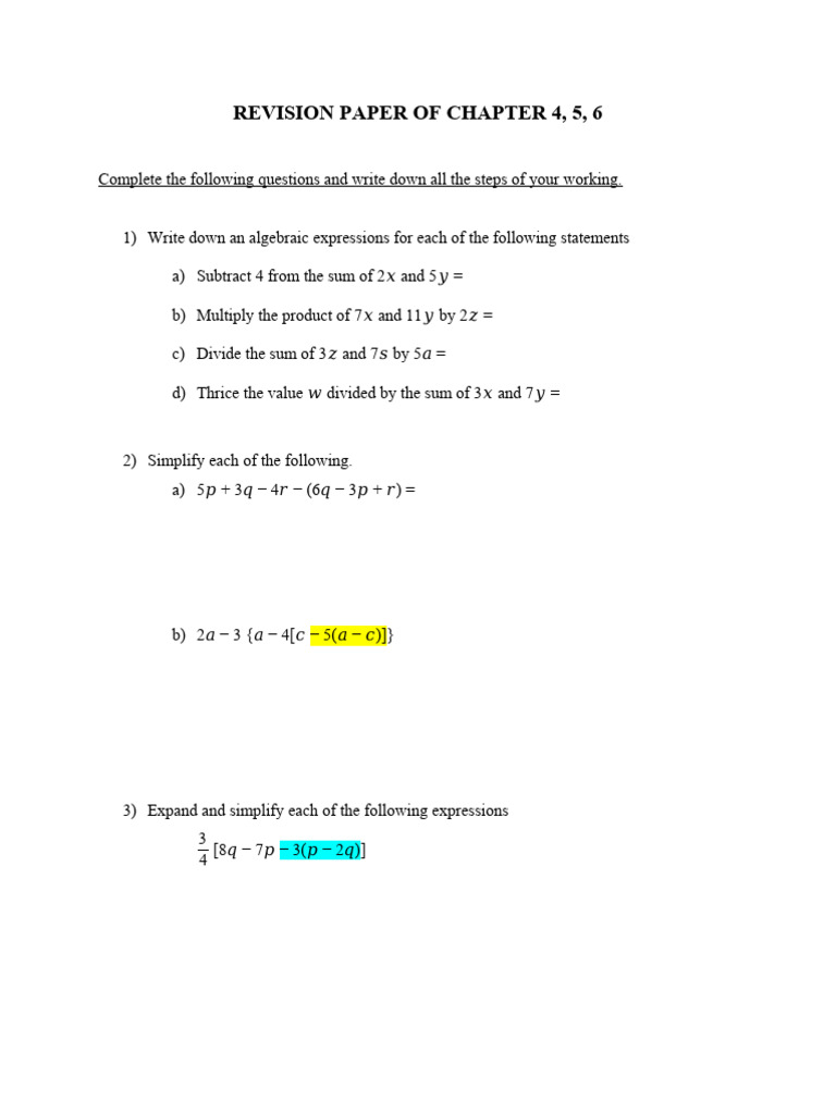 Sec 1 Math Revision Paper - Ch.4, 5, 6 | PDF