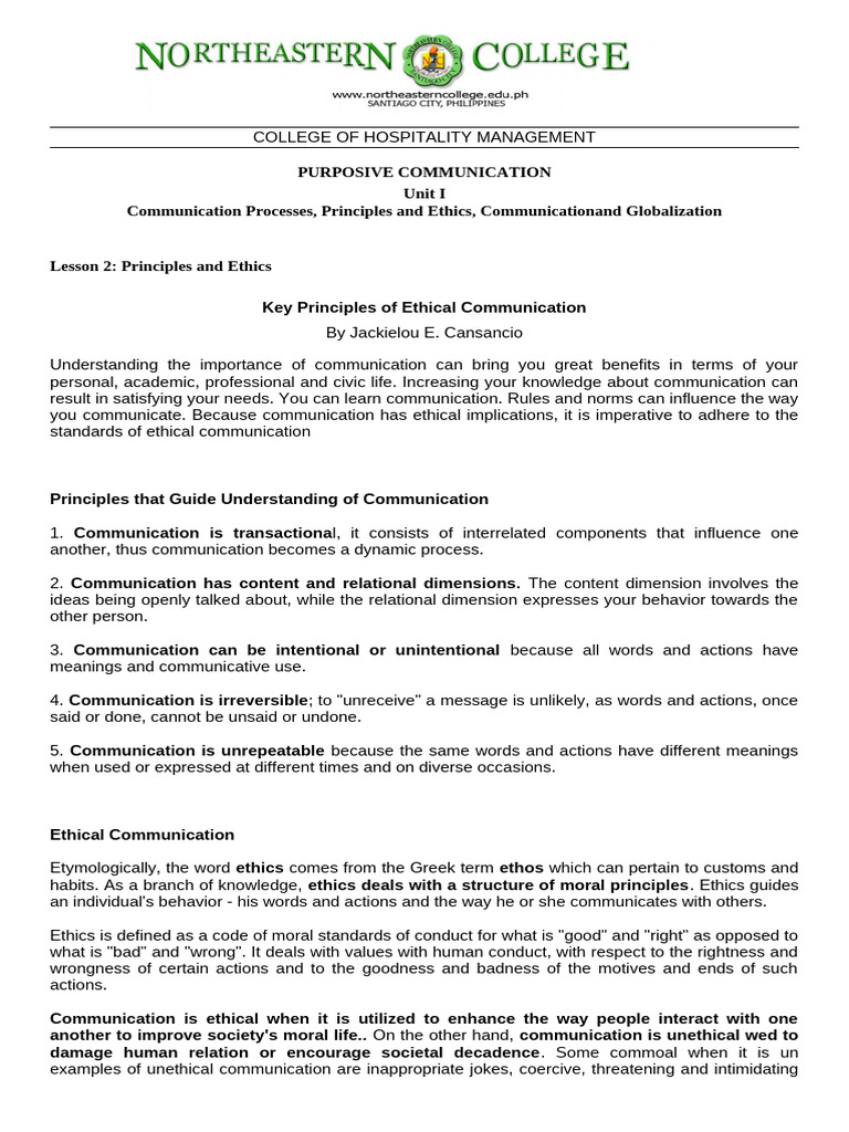 Unit I - LESSON 2 (Principles and Ethics) | PDF | Communication ...