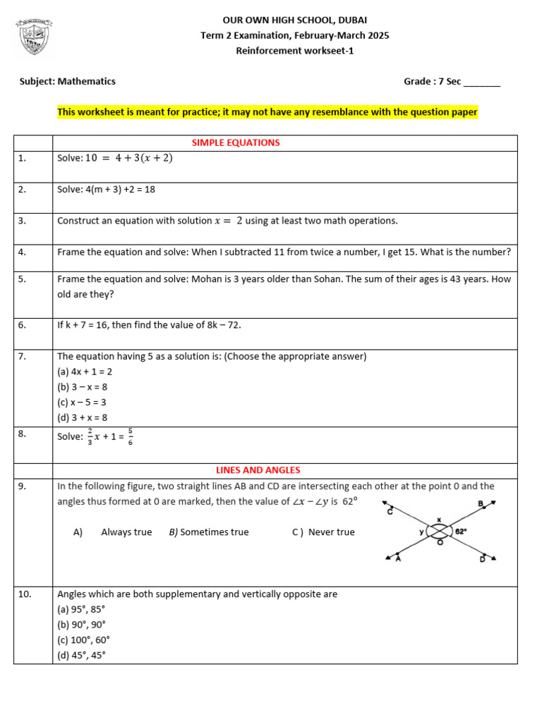 Grade 7 Math Term 2 Practice Worksheet | PDF | Angle | Mathematics