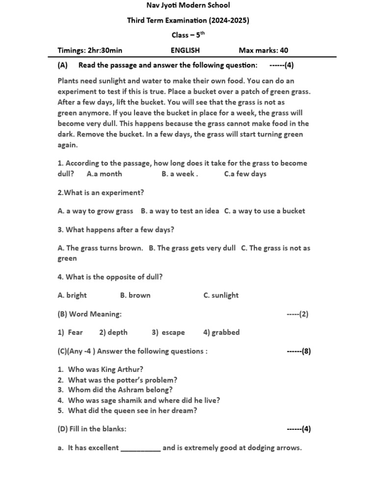 Grade 5 English 3rd Term Exam Paper | PDF
