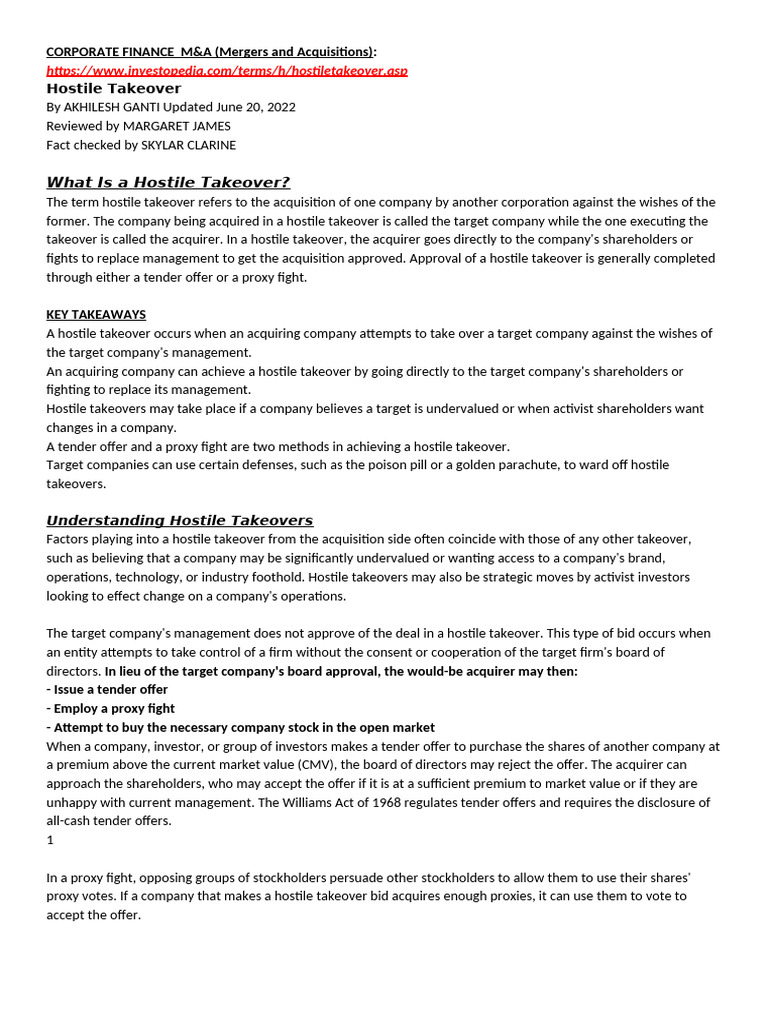 Understanding Hostile Takeovers in M&A | PDF | Takeover | Mergers And Acquisitions