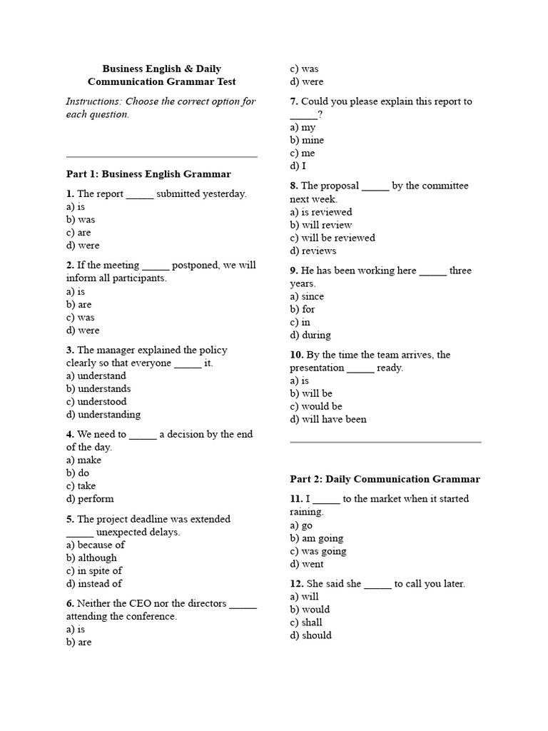 Business English Grammar Test | PDF