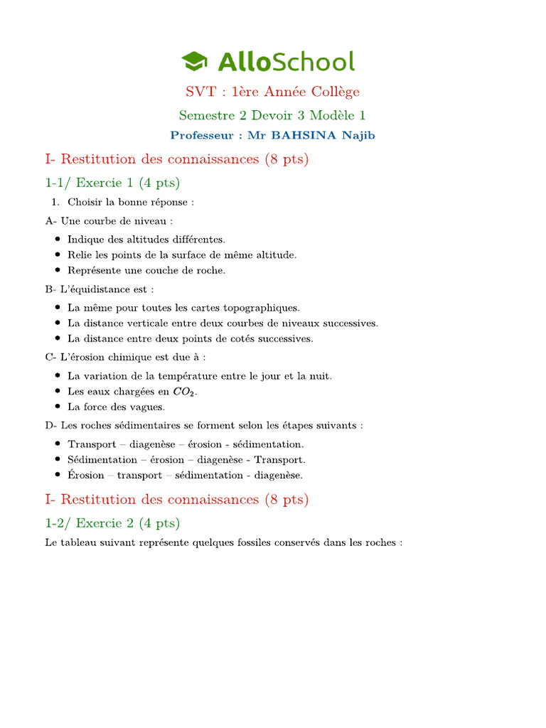 SVT 1ac Semestre 2 Devoir 3 Modele 1 1 | PDF