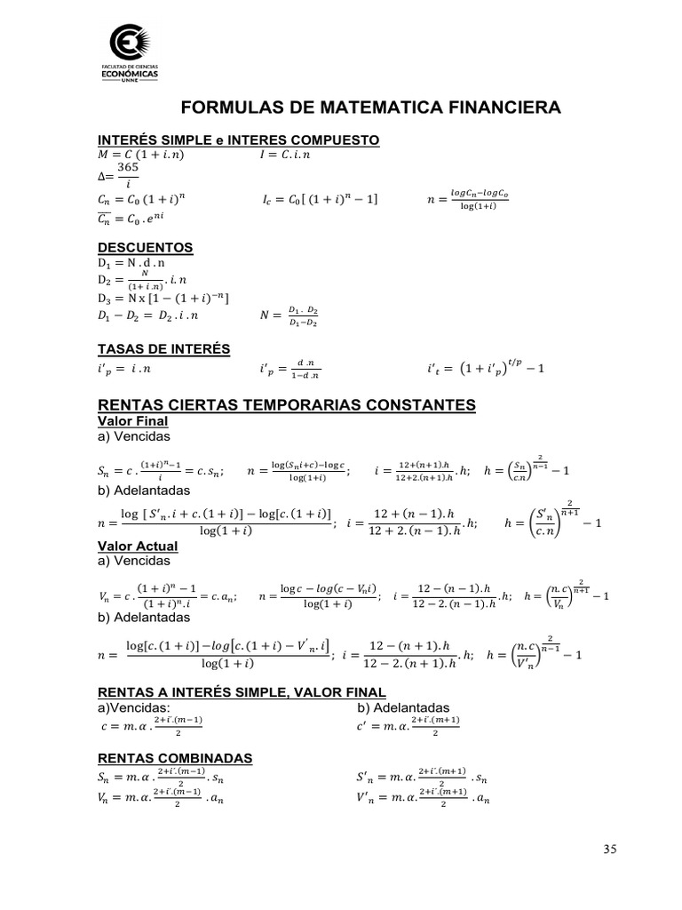 35 Fórmulas de Matemática Financiera | PDF | Estadísticas aplicadas ...