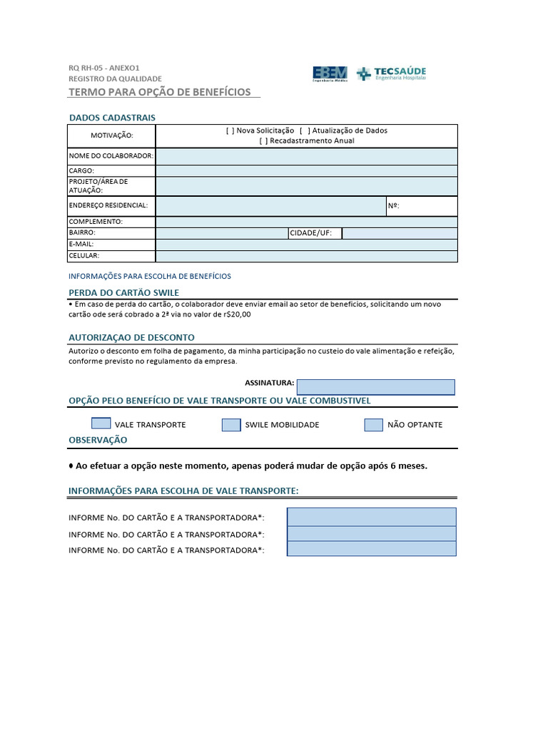 FORMULARIO DE BENEFICIOS - Funcionário | PDF
