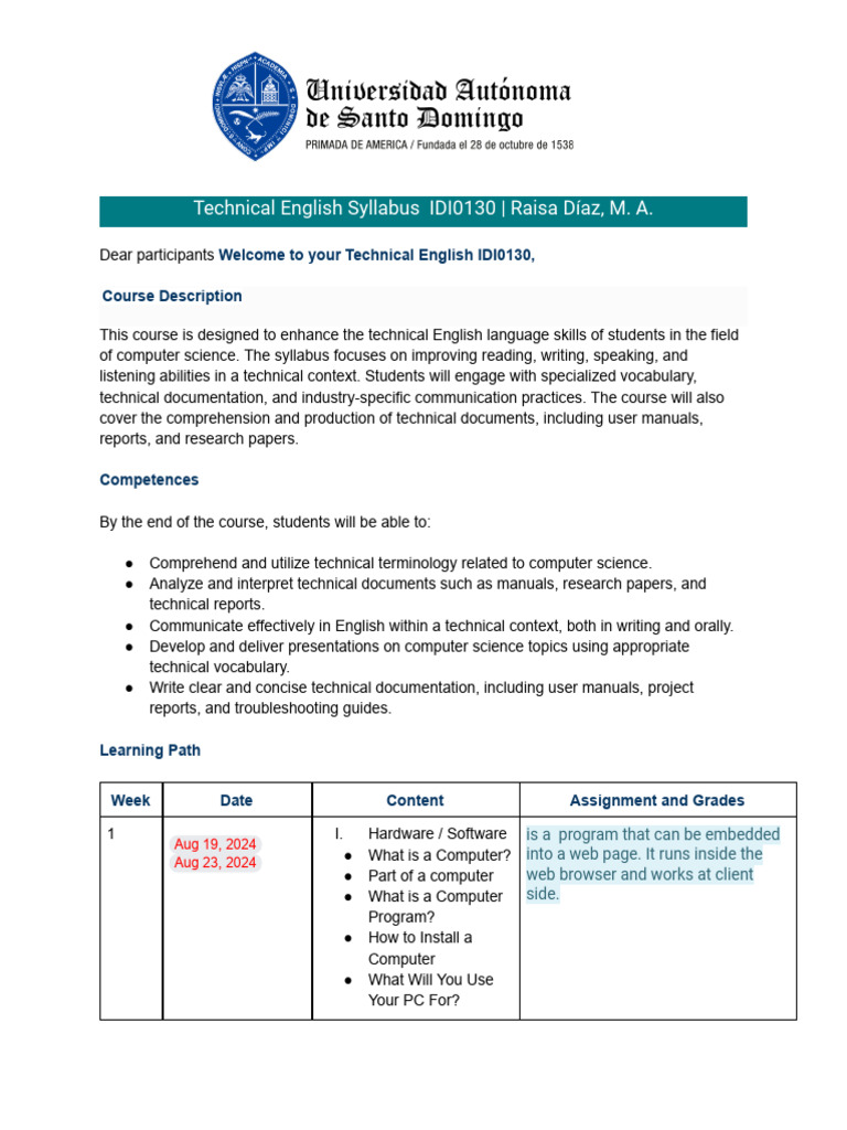 Technical English Syllabus IDI0130 - Raisa Díaz, M. A. | PDF | World ...
