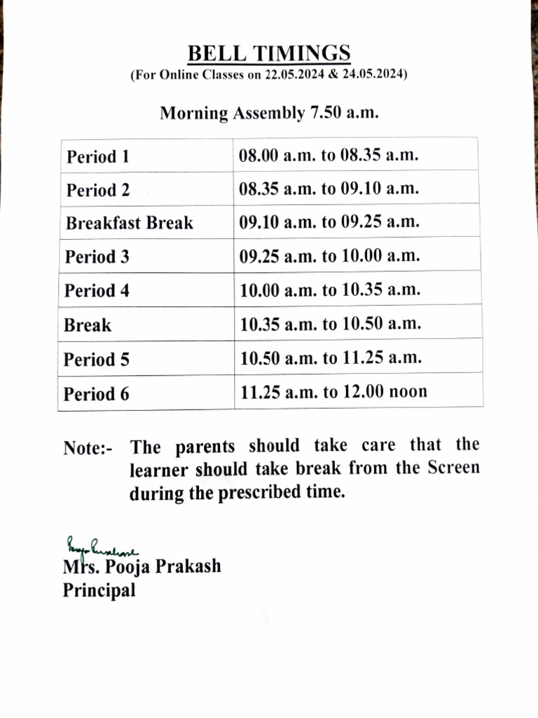 Bell Timings For Online Classes From Class 3 RD To Class 12 | PDF