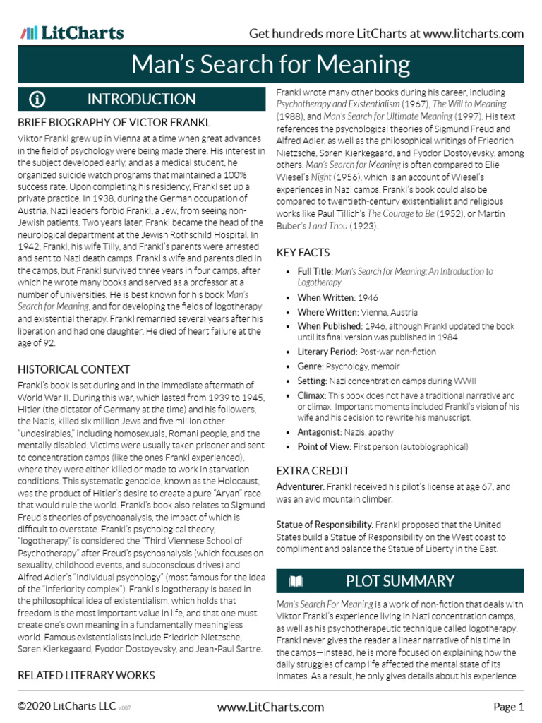 Mans Search For Meaning LitChart | PDF | Psychoanalysis | Psychotherapy