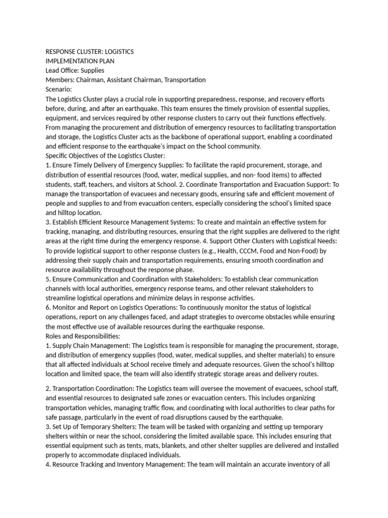 Response Cluster Logistics | PDF | Logistics | Emergency Evacuation