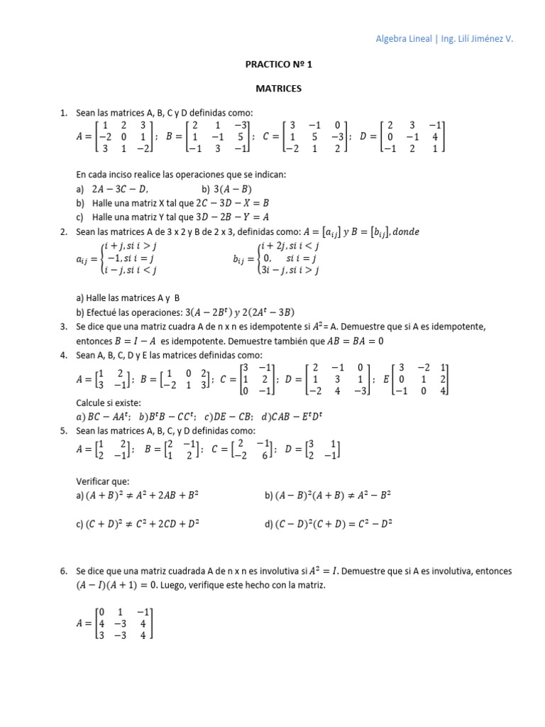 PRACTICO #1 Algebra Lineal UPDS | PDF | Matriz (Matemáticas) | Matemáticas Aplicadas