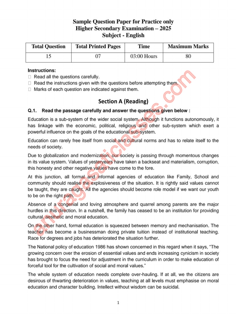 12th ENGLISH Model Paper 2025 (Mp Board) | PDF