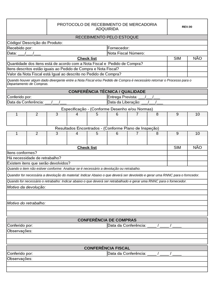 FOR 07 GQ - PROTOCOLO DE RECEBIMENTO DE MERCADORIA ADQUIRIDA | PDF