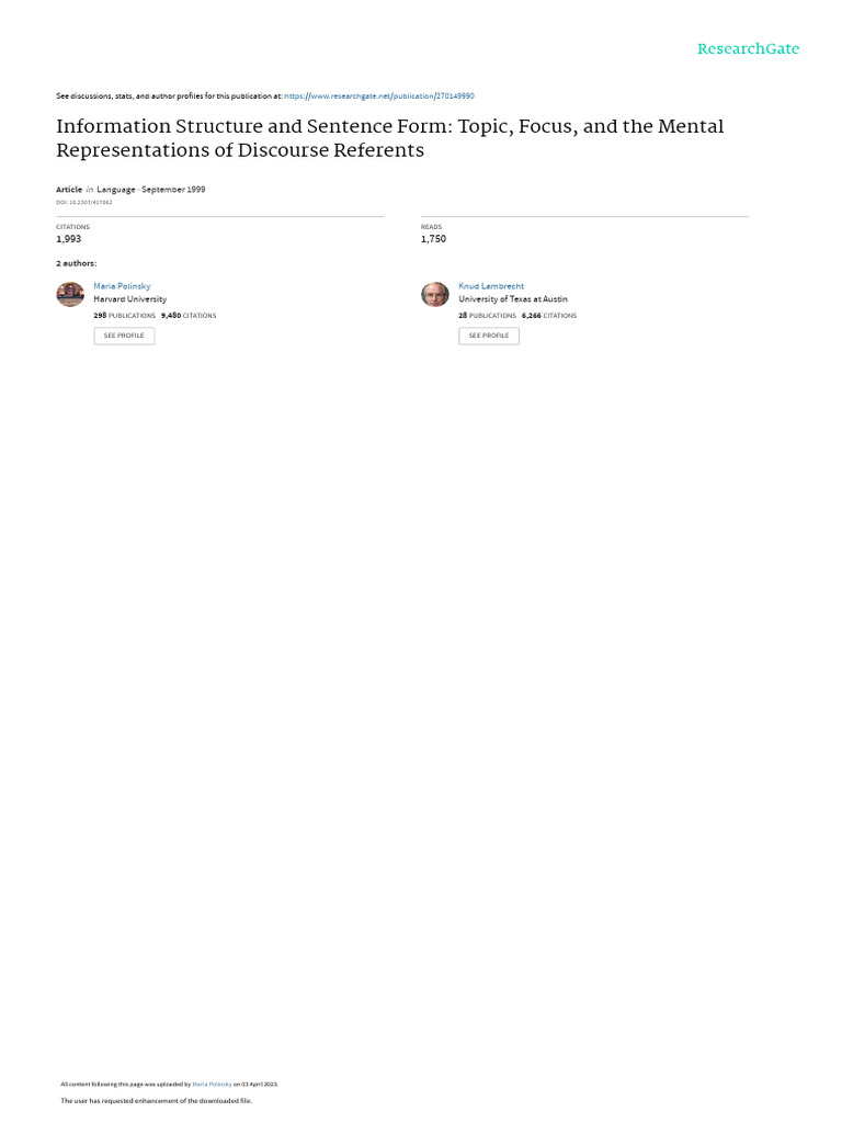 Information Structure and Sentence Form Topic, Focus, and The Mental Representations of ...