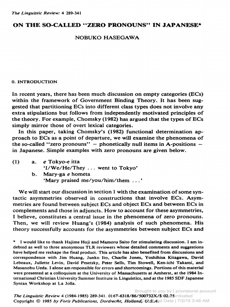 On The So-Called Zero Pronouns in Japanese - Hasegawa | PDF | Clause ...