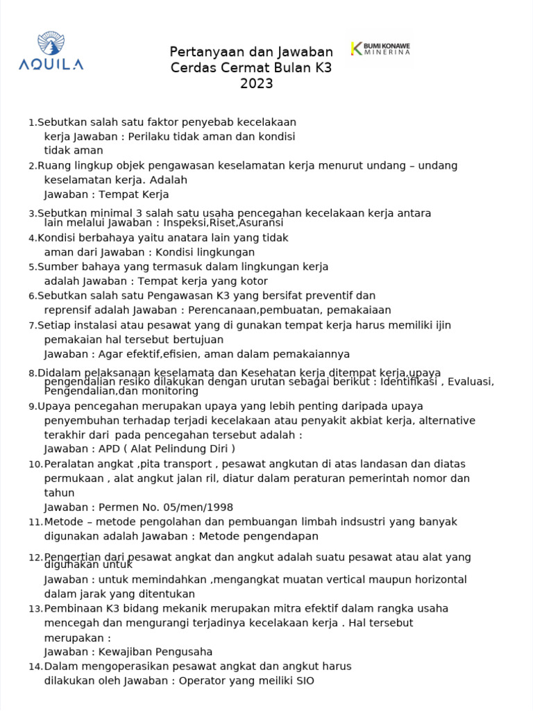 Kuis K3: Pertanyaan & Jawaban 2023 | PDF
