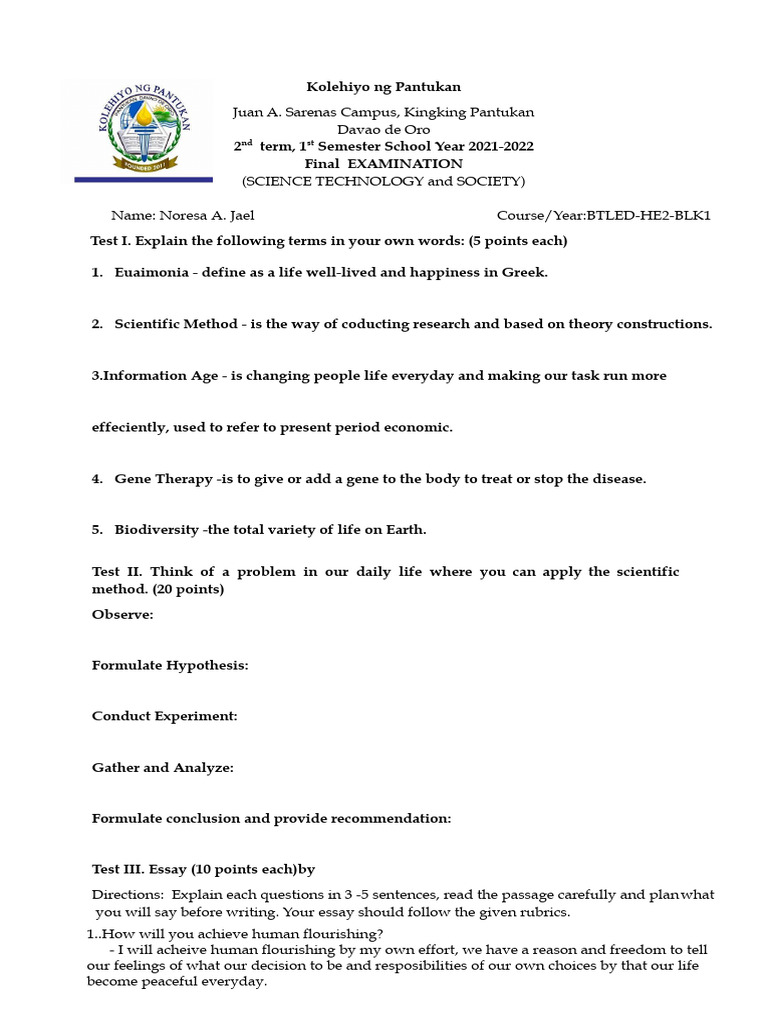 Sts-Final-Assessment - Hahhaha | PDF | Cognition | Psychology