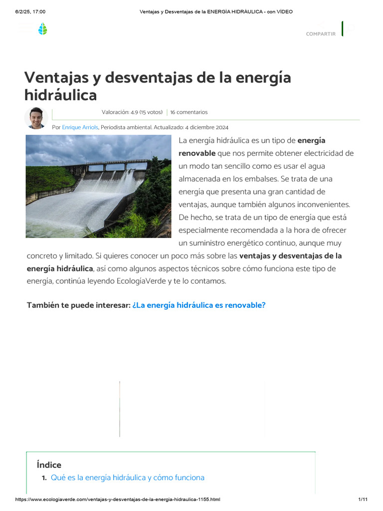 Ventajas y Desventajas de la Energía Hidráulica | PDF | Energía ...