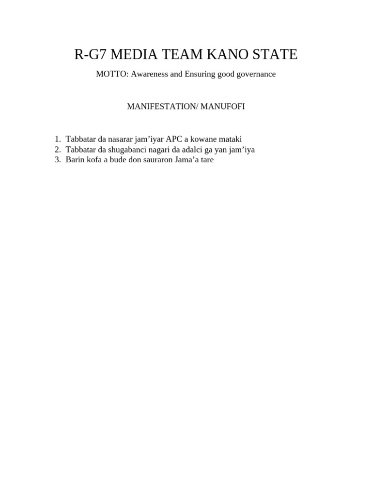 R-G7 Media Team Kano State: MOTTO: Awareness and Ensuring Good Governance | PDF