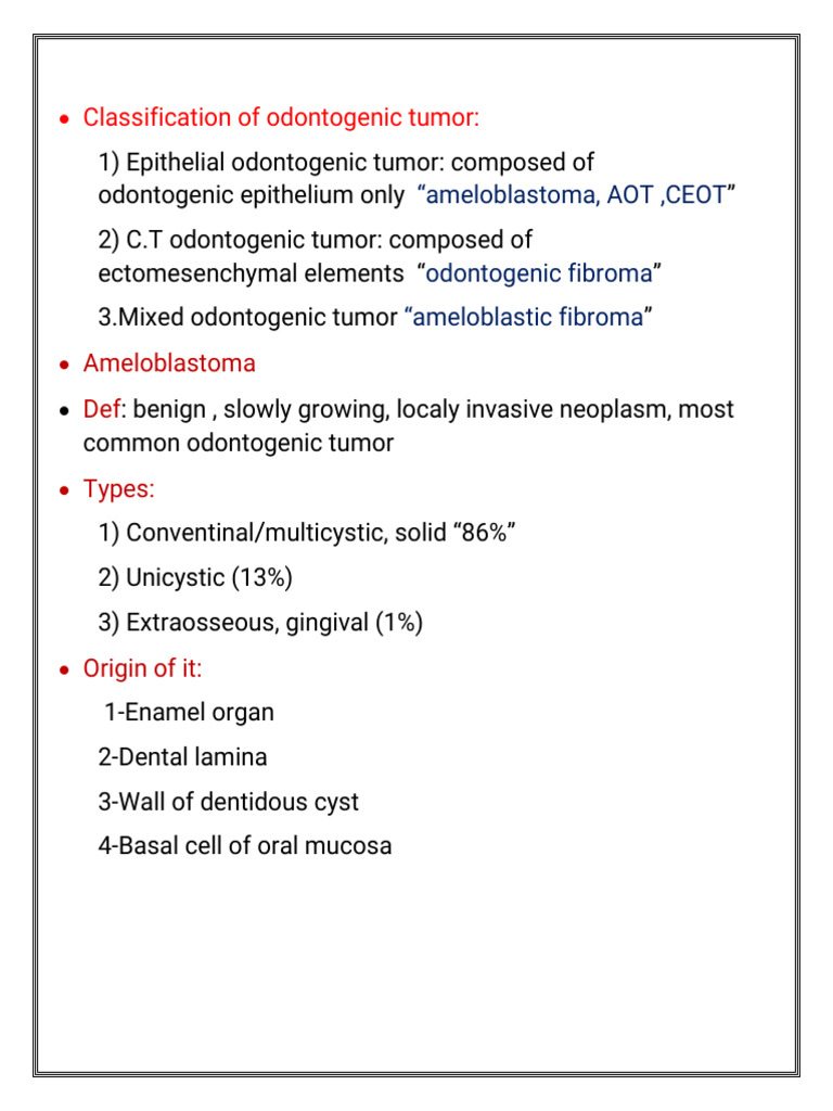 Classification of Odontogenic Tumor | PDF | Epithelium | Anatomy