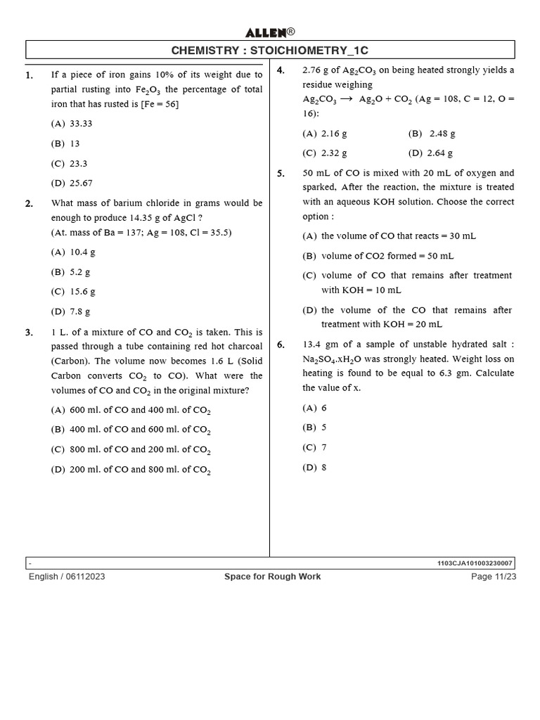 Chemistry Stoichiometry Practice Questions | PDF | Magnesium | Mole (Unit)
