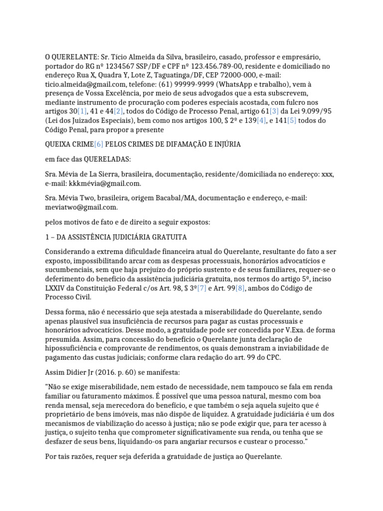 Modelo Peticao Inicial Queixa Crime CC Danos Morais e Materiais Injuria ...