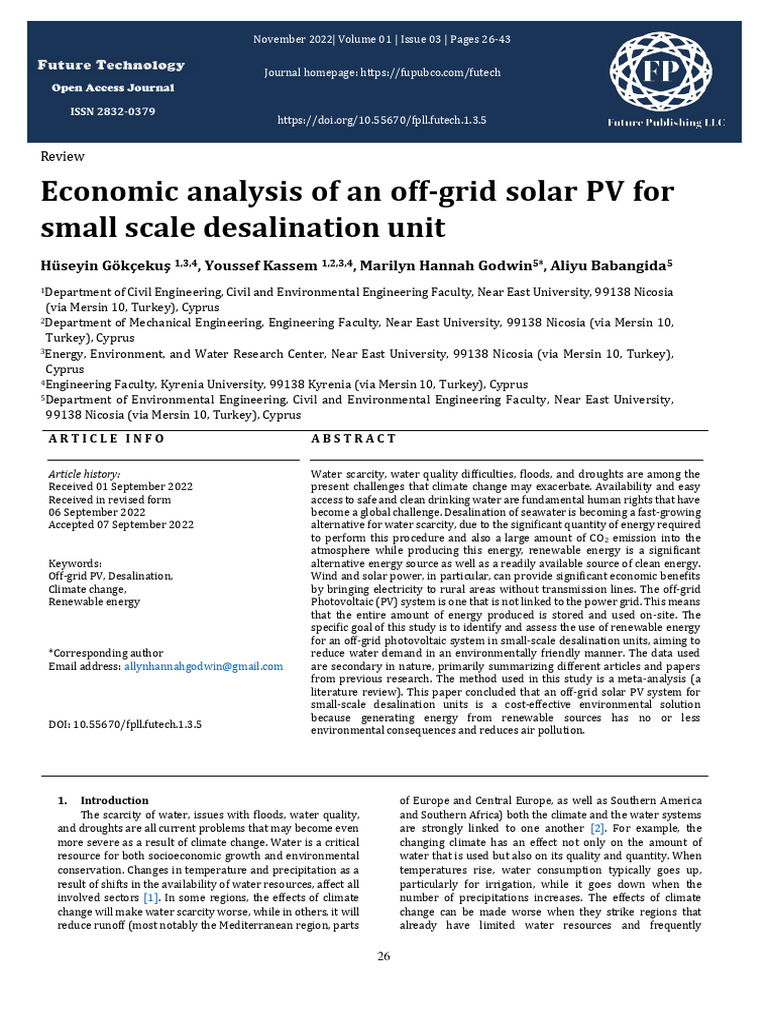 Economic Analysis of An Off Grid Solar PV For Small Scale Desalination ...
