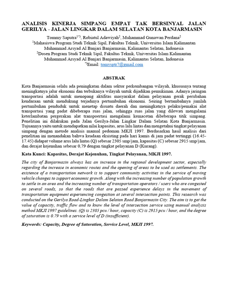 Analisis Simpang Tak Bersinyal Banjarmasin | PDF