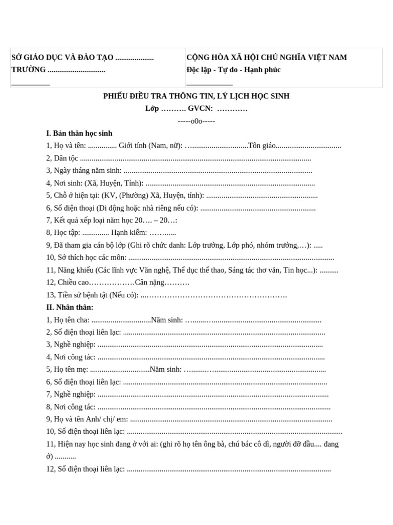 Phiếu Tìm Hiểu Học Sinh Của GVCN | PDF