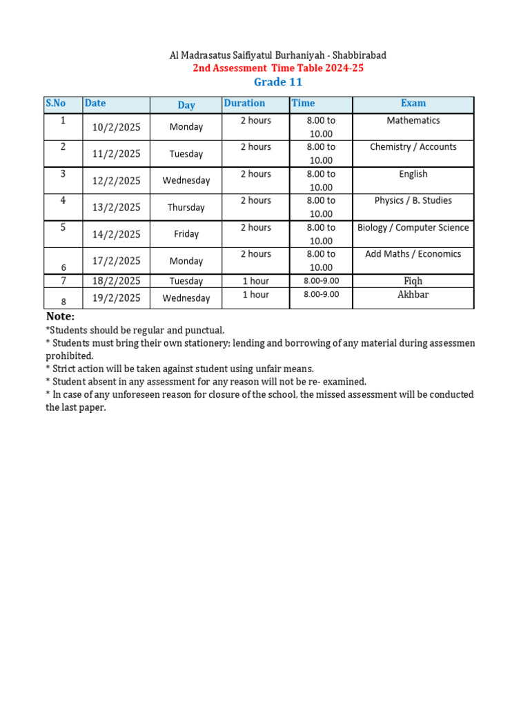 2nd Assessment Timetable 2025.xlsx -11 | PDF