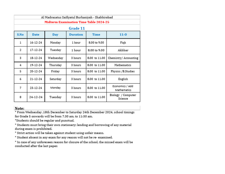 Mid Term Timetable 2024-25.xlsx - 11 | PDF