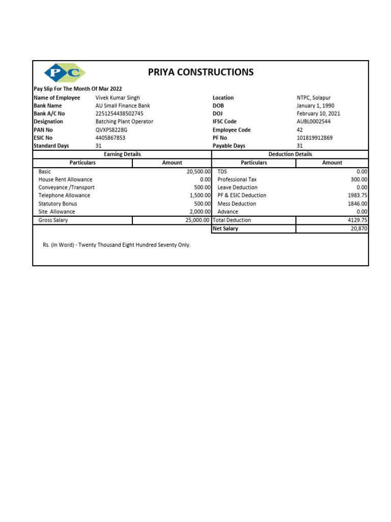 Priya Construction Saillary Slip | PDF