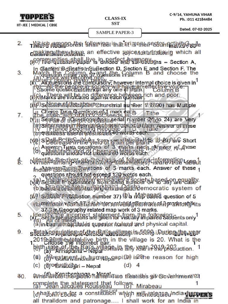 Ix SST Sample Paper (Sumit Sir) | PDF
