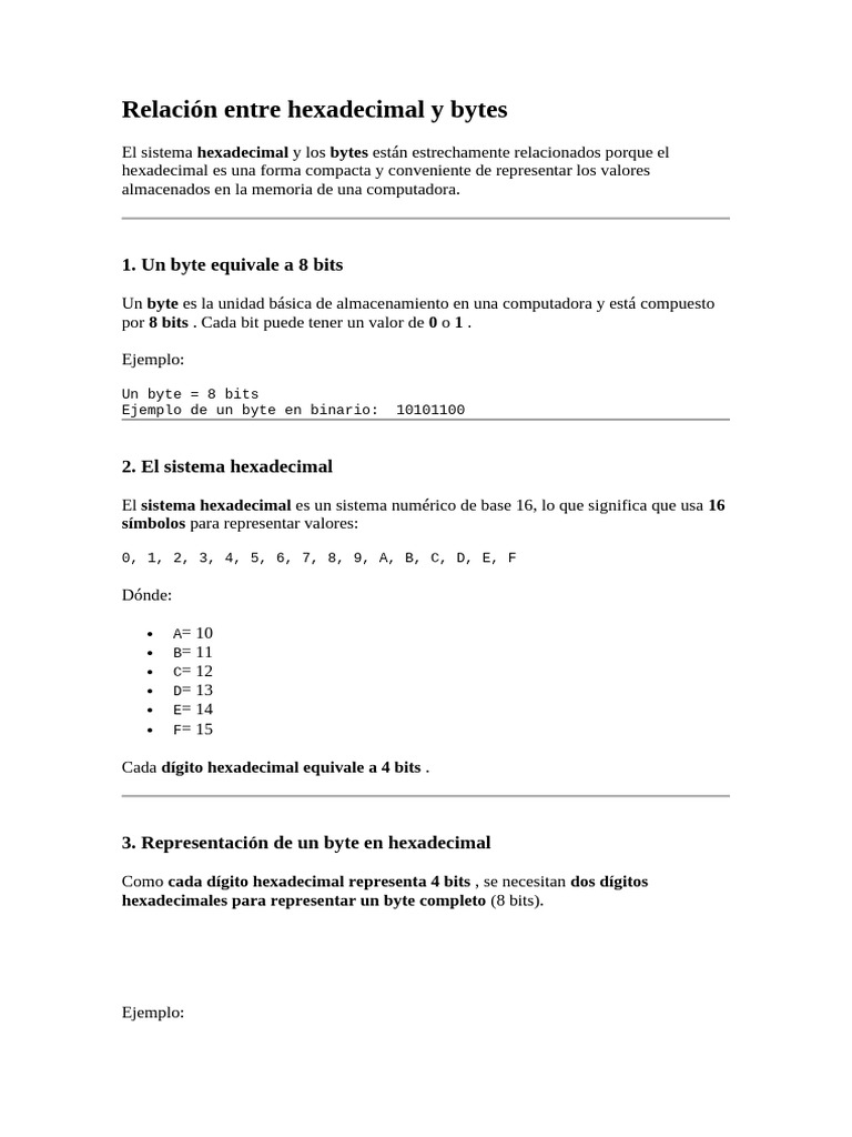 Relación Entre Hexadecimal y Bytes | PDF | Poco | Byte