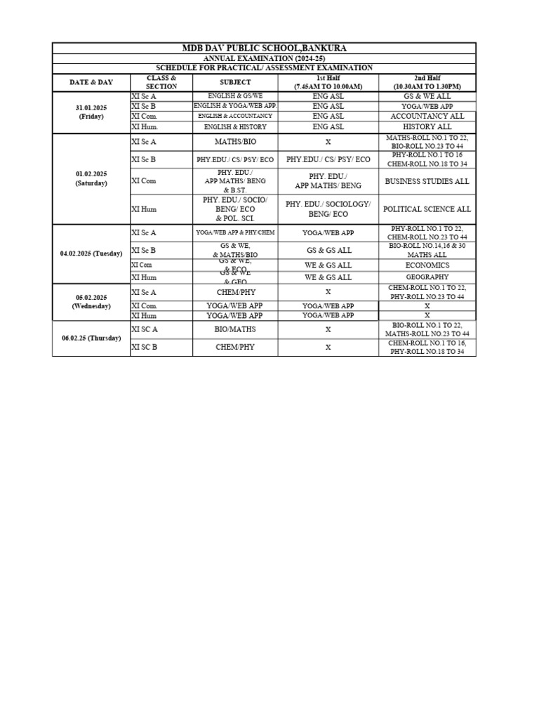 MDB DAV School Annual Exam Schedule 2024 | PDF