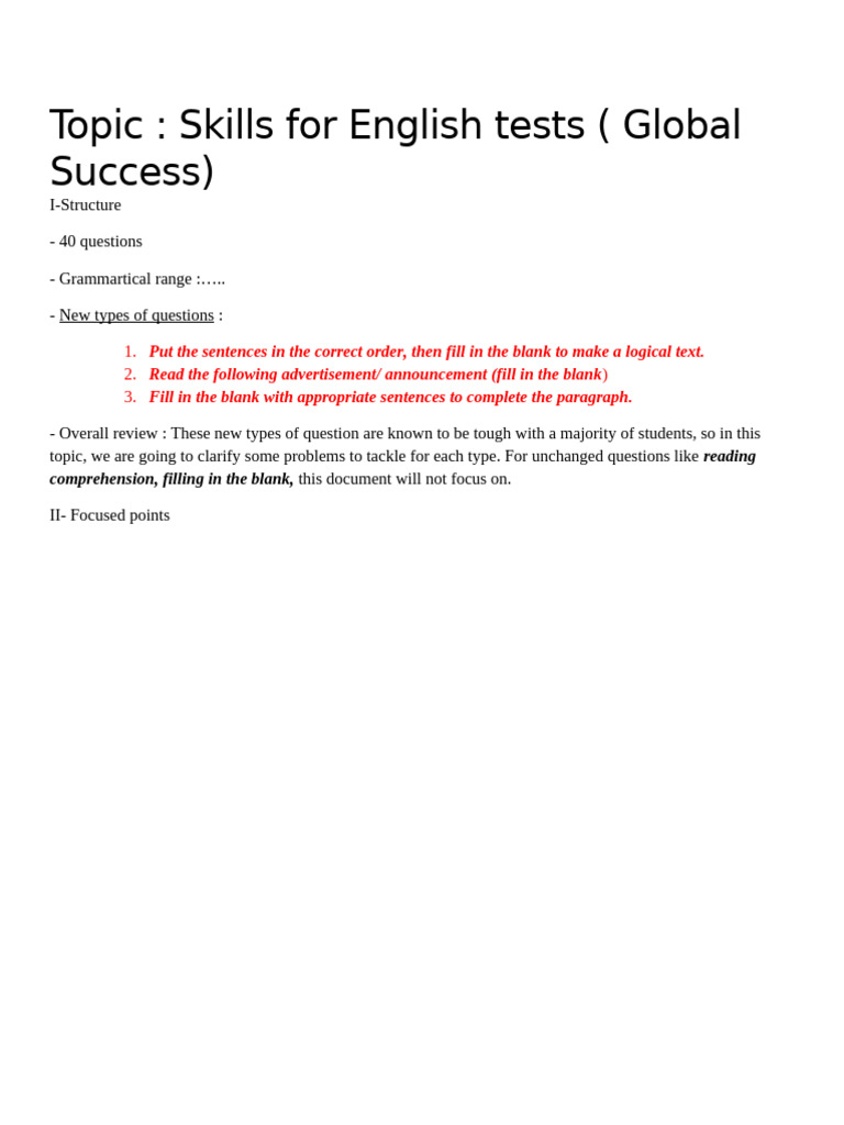 Topic Skills For Test | PDF