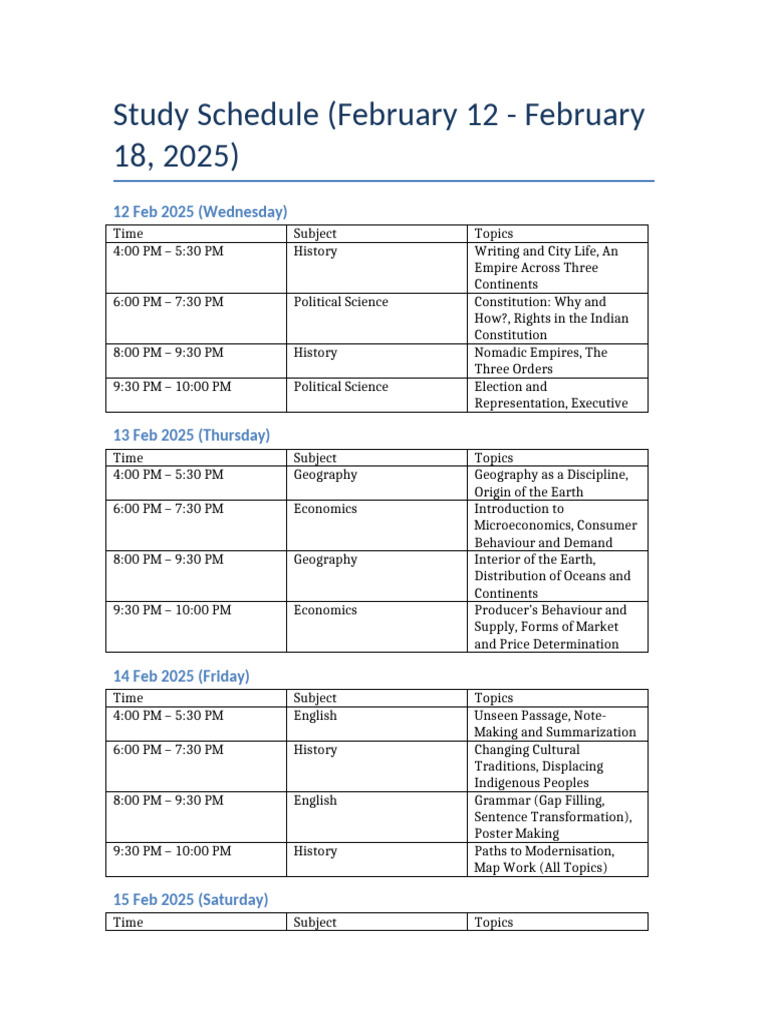 History and Geography Study Schedule | PDF | Geography | Earth Sciences