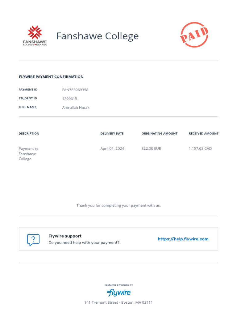 Fanshawe College Payment Receipt | PDF