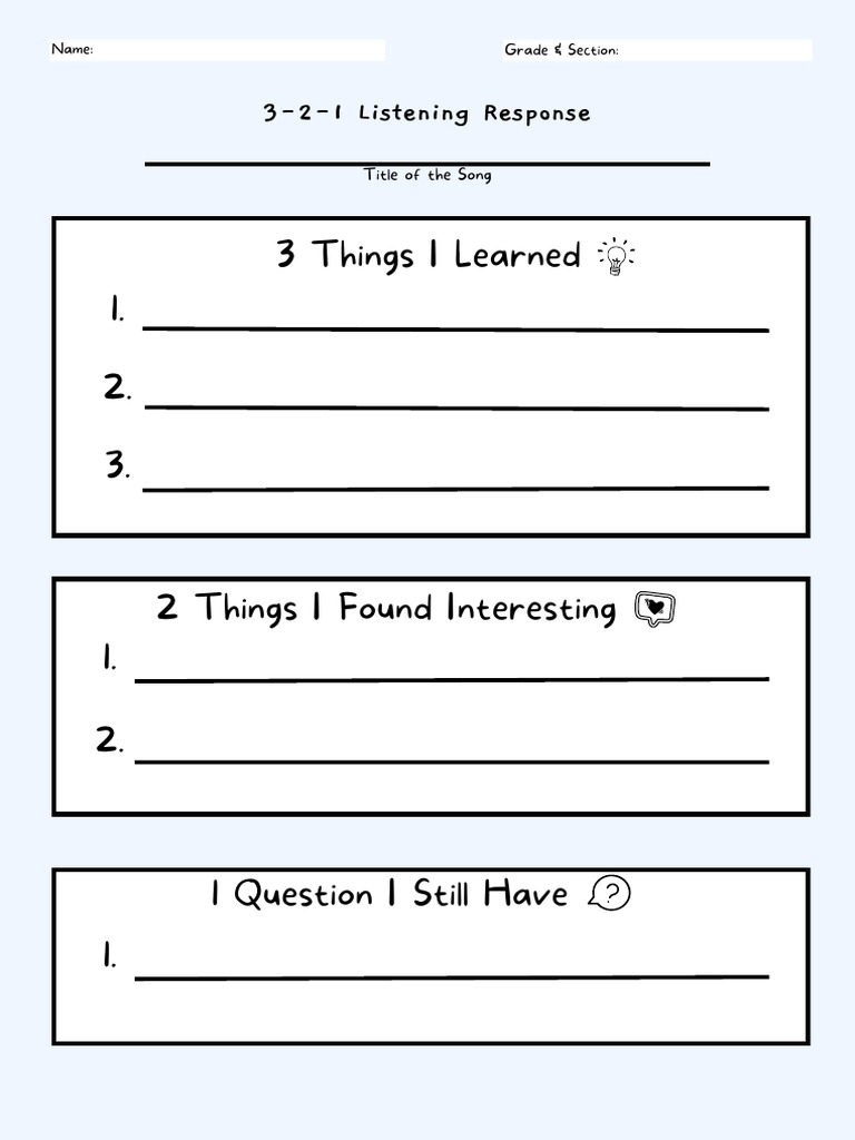 Blue White Simple Minimalist 3-2-1 Reflection English Worksheet | PDF