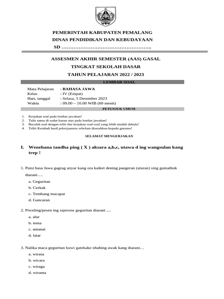Contoh Format SOAL Sumatif KELAS 4 | PDF