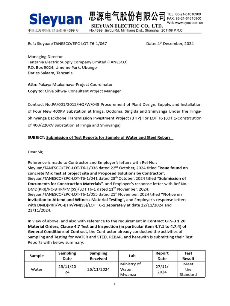67-Submission of Test Reports for Water Sample and Steel Rebar Sample ...
