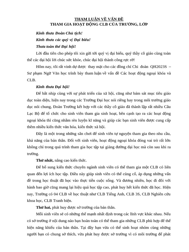 Mẫu Tham luận về hoạt động ngoại khóa và CLB | PDF