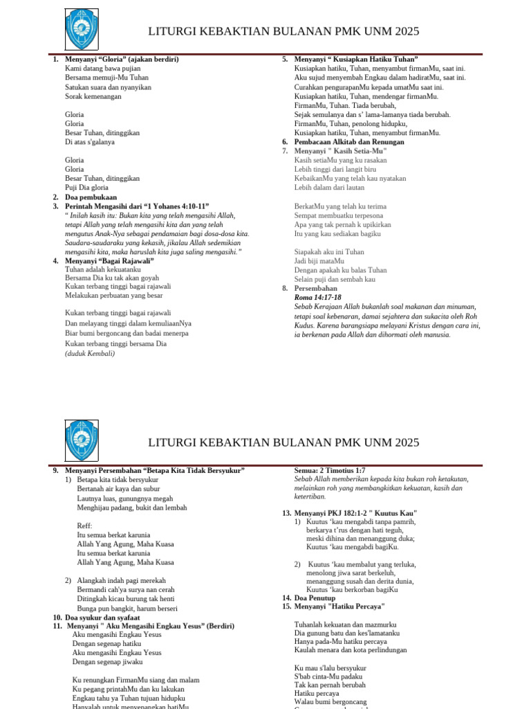 Liturgi Kebaktian Bulanan PMK UNM 2025 | PDF