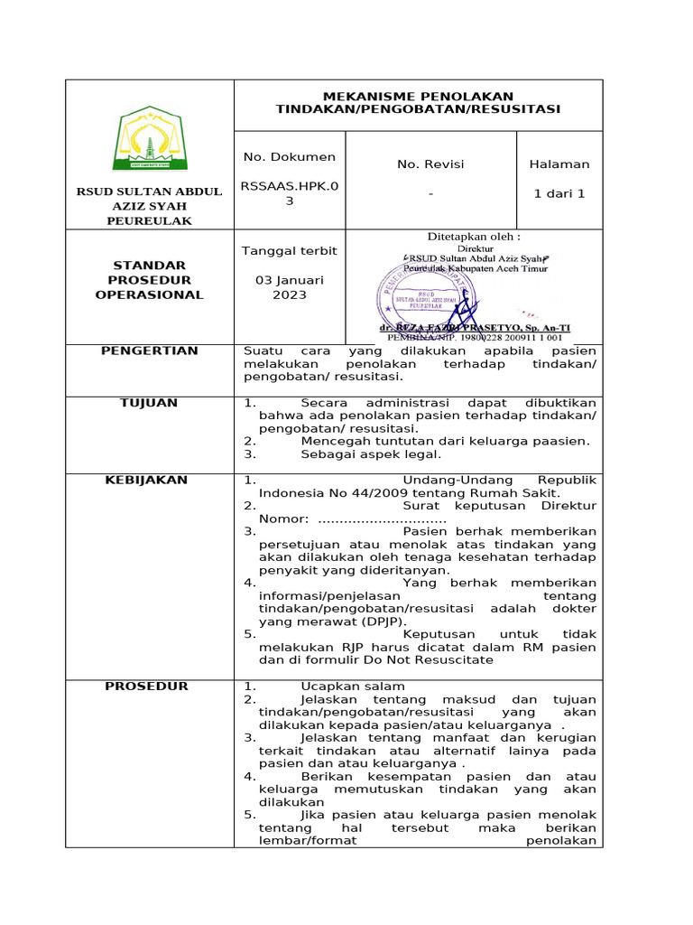 A.sop Penolakan Resusitasi (DNR (Selesai) | PDF