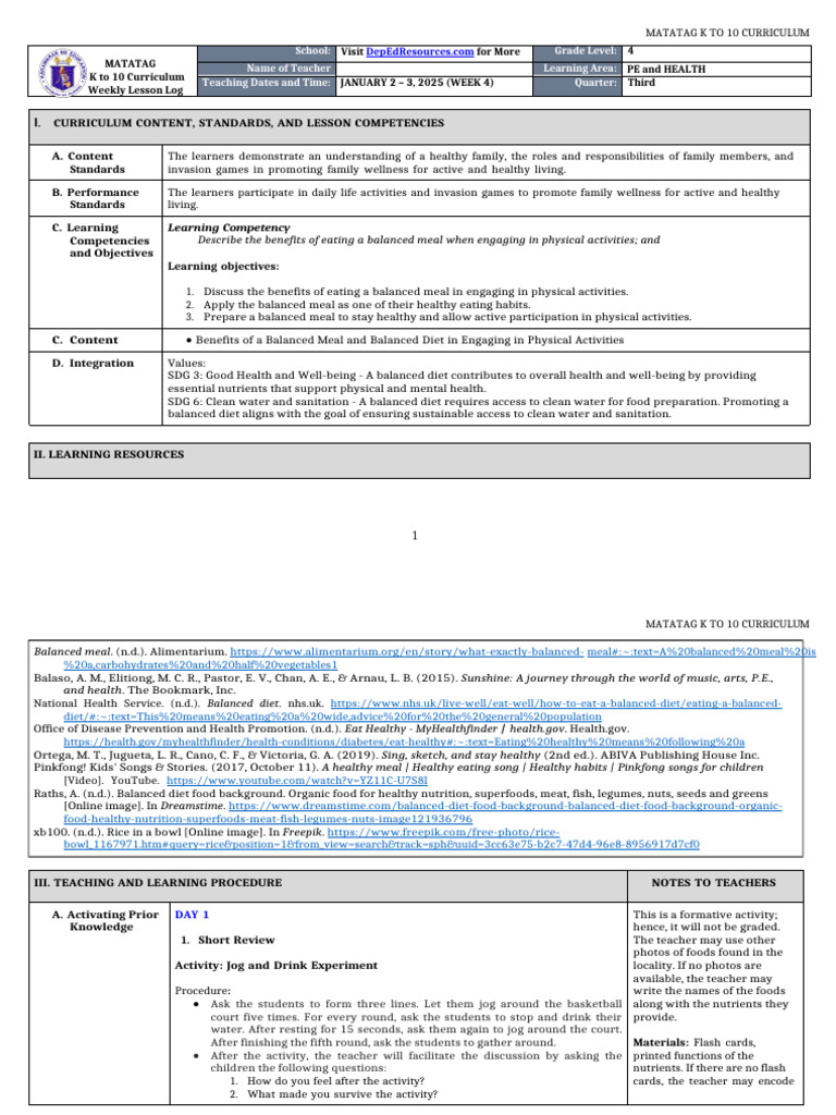 DLL Matatag - Pe & Health 4 Q3 W4 | PDF | Healthy Diet | Diet (Nutrition)