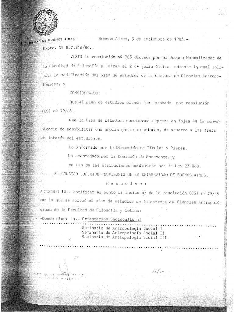 1985 Plan de Estudios Cs Antrop 02 Res CS 699-1985 (modif inc B sem orient sociocult) | PDF
