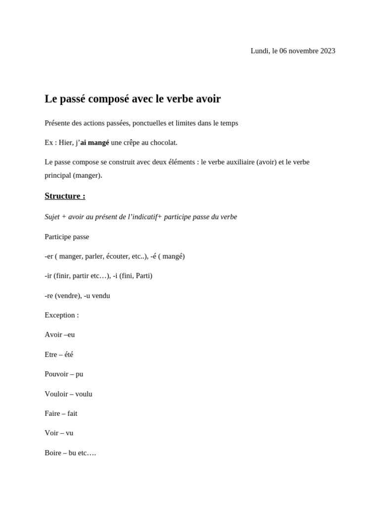 passe compose A1.2 | PDF | Sujet (Grammaire) | Verbe