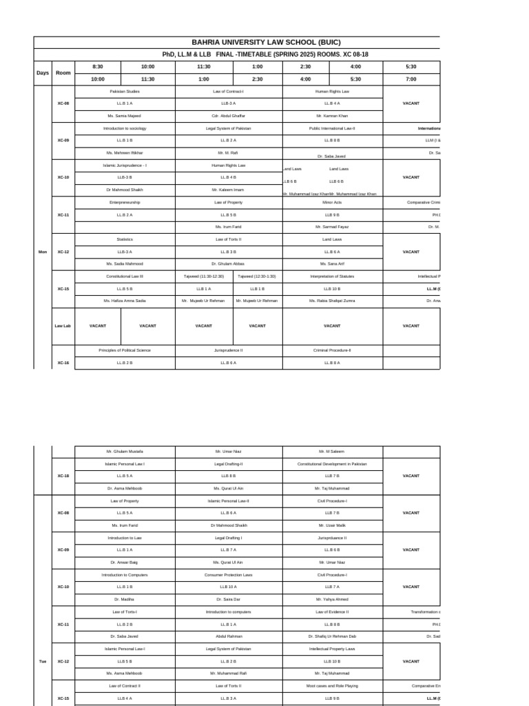 Bahria University Law School Spring 2025 Timetable | PDF | Justice ...